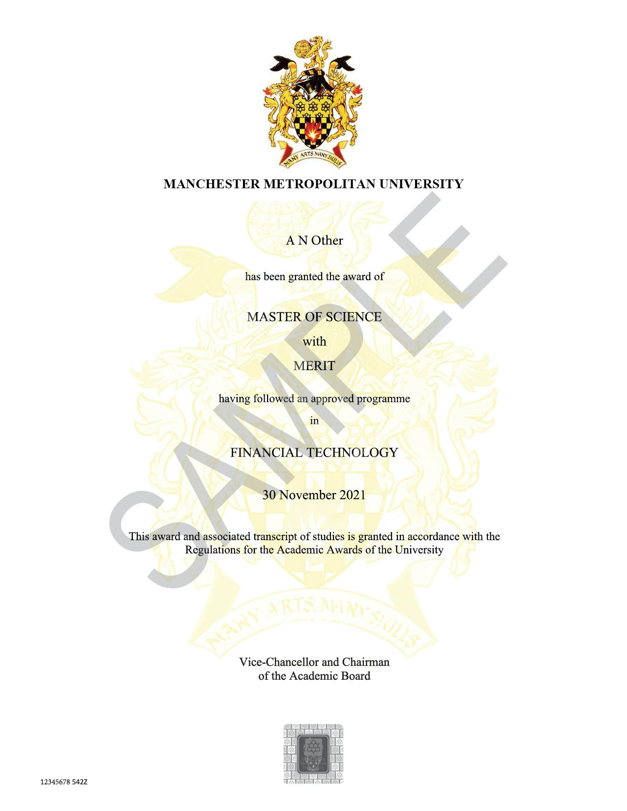 MSc Finance/MSc Fintech Awarded by Manchester Metropolitan University